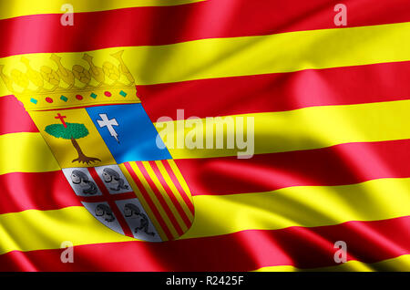Aragon 3D waving and closeup flag illustration with reflections. Usable ...