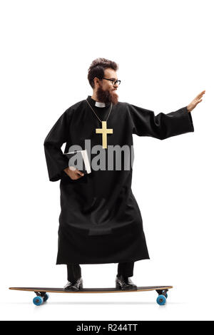 Full length shot of a priest riding a bicycle and waving isolated on ...