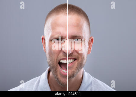 Man's Face Showing Anger And Happy Emotions Stock Photo - Alamy
