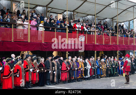 The New Lord Mayor, Peter Estlin, passing in the Gold coach in The City ...