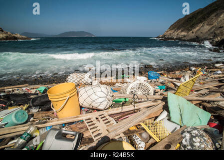 Beach covered in plastic rubbish, Lap Sap Wan, New Territories, Hong ...