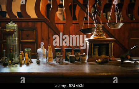 Old alchemist table Stock Photo - Alamy