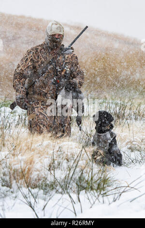 A duck hunter and his dog in a snow storm Stock Photo - Alamy