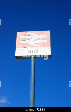 Hull railway station sign against deep blue sky Stock Photo - Alamy