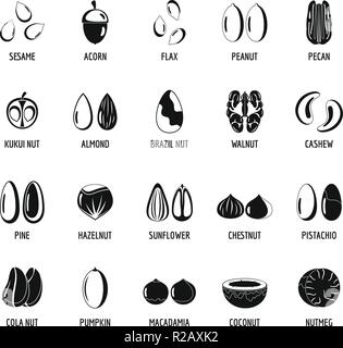 Nut types ith signed names icons set. Flat illustration of 20 nut types ...