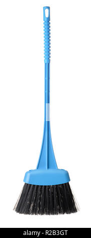 Blue plastic broom on color background Stock Photo - Alamy