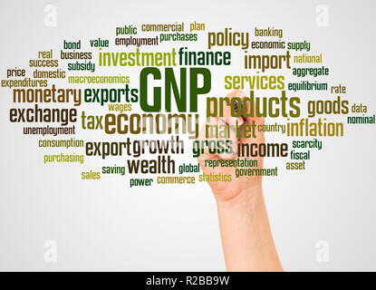 GNP - Gross national product, word cloud hand sphere concept on white ...