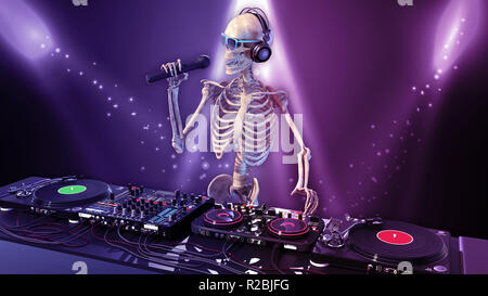 DJ Bones, human skeleton with microphone playing music on turntables ...