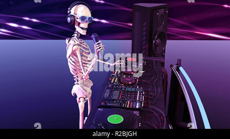 DJ Bones, human skeleton with microphone playing music on turntables ...