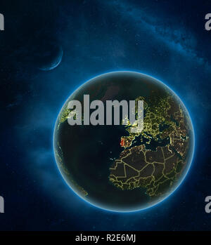 Portugal from space at night with visible country borders. 3D ...