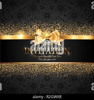 Gorgeous and shiny invitation card or banner with gold ribbon bow and ...