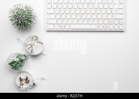 Top view with mini wireless keyboard and mouse with coffee and glasses ...