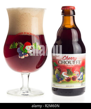 Bottle of Belgian Cherry Chouffe beer isolated on a white background ...