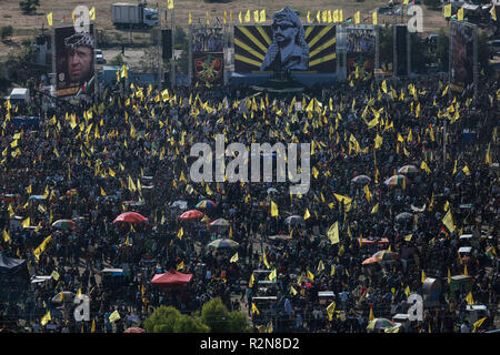 Palestinian Fatah party supporters wave their national flag in support ...