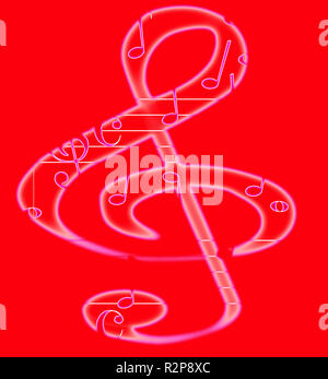 Random notes and a large treble clef over a red background Stock Photo ...