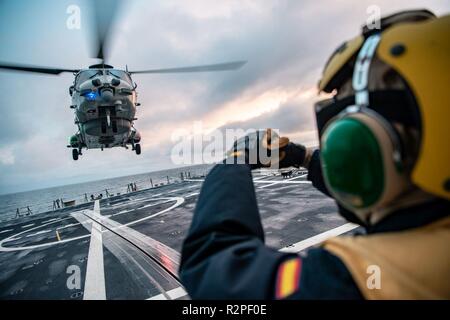 An NH90 NATO Frigate Helicopter lands on the flight deck of the world's ...