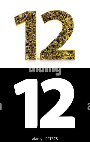 Golden number twelve (number 12) on white background with drop shadow ...