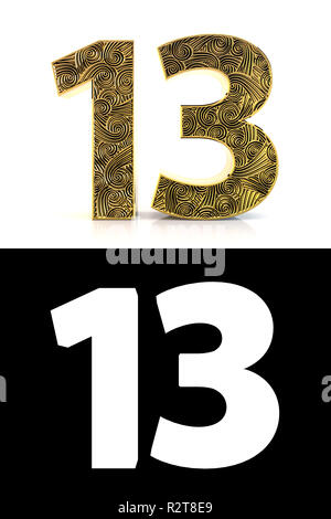 Golden number thirteen (number 13) on white background with drop shadow ...