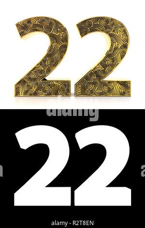 Golden number twenty two (number 22) on white background with drop ...