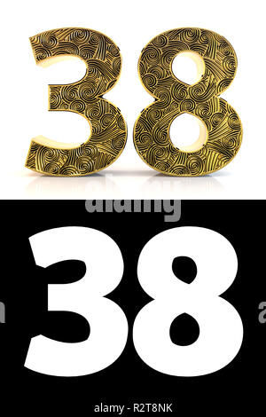 Golden number thirty eight (number 38) on white background with drop ...