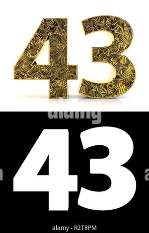 Golden number forty three (number 43) on white background with drop ...