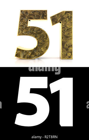 Golden number fifty one (number 51) on white background with drop ...