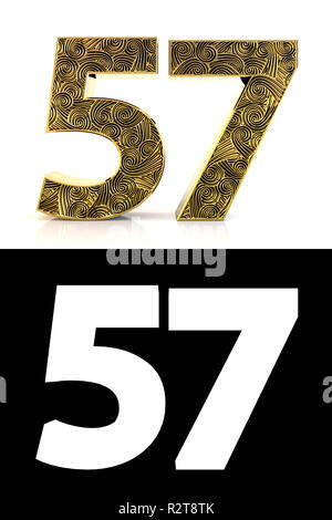 Golden number fifty seven (number 57) on white background with drop ...