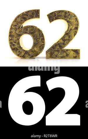 Golden number sixty two (number 62) on white background with drop ...