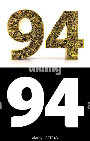 Golden number ninety four (number 94) on white background with drop ...