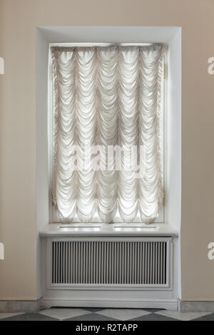 Elegant window curtains and white tulle indoors. Interior design Stock ...