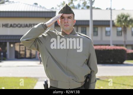 U.S. Marine, 2nd Lt Benjamin Kulp, executive officer of CLC-23, salutes ...