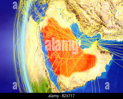 Saudi Arabia on blue digital planet Earth from space with network ...