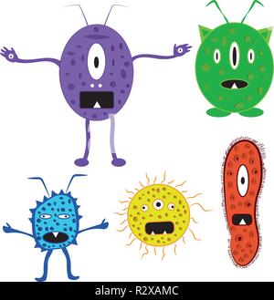 Set of bacteria characters. Cartoon Cute germ virus funny infection ...