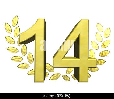 Gold number 14 (number fourteen) with laurel branch with alpha channel ...