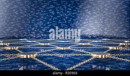 Bitcoin cryptocurrency and blockchain technology concept on blurred ...