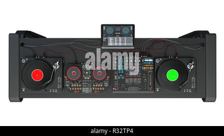 DJ turntables stand with sound mixers and recording audio equipment ...