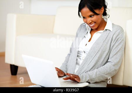 Photo of friendly cute african lady show v-sign wear jeans jacket red ...