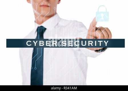 partial view of businessman pointing at cyber security signs isolated ...