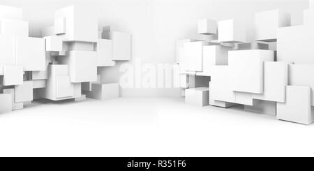 Wall installation of random cubes structure in empty room interior ...