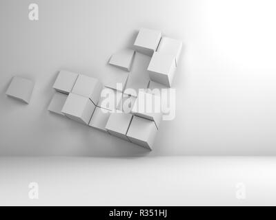 Wall installation of random cubes structure in empty room interior ...