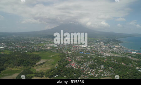 Aerial view of Mount Mayon Volcano and Sumlang Lake near Legazpi City ...