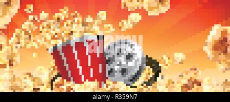 Caramel popcorn banner ads with flying corns and cinema items in 3d ...