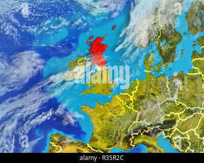 Scotland from space on model of Earth at night. Very fine detail of the ...