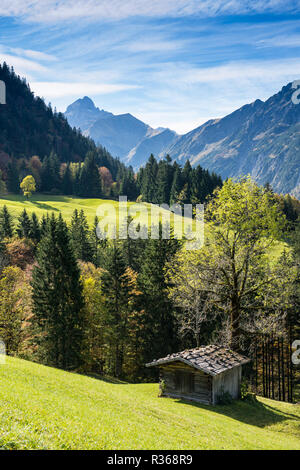 Alp with wooden hut and mountains, Oberstdorf, Oberallgäu, Allgäu ...
