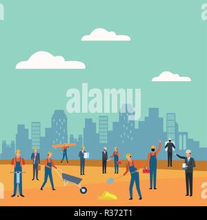 workers and architects at construction zone over cityscape vector ...