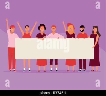 people with posters group with colorful background vector illustration ...