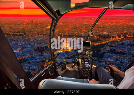 Helicopter cockpit flying on Paris Tour Eiffel tower skyline. Scenic ...
