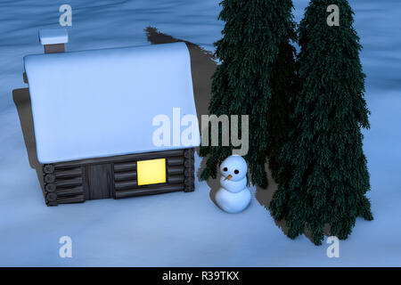 3d rendering, snowman and cabin in winter Stock Photo - Alamy