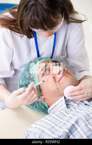 Scared, man or plastic surgery injection for facelift or cosmetics isolated in studio on white ...