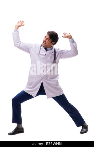 Young handsome doctor under pressure isolated on white Stock Photo - Alamy